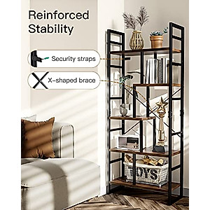 Pipishell 5-Tier Bookshelf, Tall Bookcase Storage Shelf Organizer with Steel Frame, Decorative Industrial Display Shelf, Multipurpose Storage Rack for Bedroom, Living Room, Office, Study, Hallway