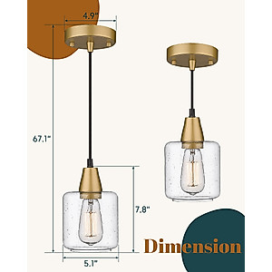 FOITTON Gold Pendant Light, Industrial Hanging Light Fixtures with Seeded Glass Shade, Adjustable Height, Farmhouse Pendant Lighting for Kitchen Island Dining Room-2 Pack