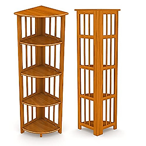 Stony Edge Folding Corner Shelf Easy Assembly - 51”x12.5”x12.5” 5 Tiers - Perfect Wooden Corner Bookshelf Organizer for Books and Decorative Items. (Honey Oak)