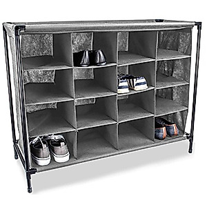 Sunbeam 4 Tier 16 Pair Shoe Rack Cubby Shelf Organizer Non Woven Polyester Fabric Portable and Durable Gray