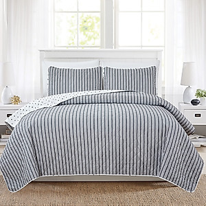 Market & Place 3 Piece Reversible Quilt Set with Shams | All-Season Soft & Lightweight Bedspread with Modern Striped Pattern | Nora Collection (Full/Queen, White/Grey)