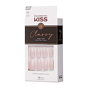 KISS Classy French Nail Manicure Kit with Gel Finish, Medium, Coffin Shaped, “Cozy Meets Cute”, Nail Kit Includes Pink Nail Glue (Net Wt. 2 g / 0.07oz.), Mini File, Manicure Stick, and 28 Fake Nails