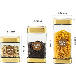 BETTWILL Glass Storage Jars-Large Kitchen Glass Canisters with Airtight Lids -Coffee Pasta Sugar Tea Snack Nuts Cookie Flour Food Container - Set of 3-Gold Color.