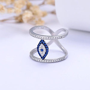 PEIMKO Evil Eye Ring Spiritual Turkish Double Band Ring Size7/8/9 Sterling Silver Blue Evil Eye Rings Round Evil Eye Ring Greek Evil Eye Protection Ring for Women(9)