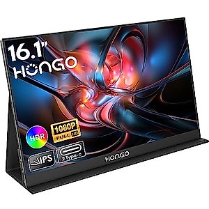 HONGO 16.1" Portable Monitor, FHD 1080P IPS Laptop Monitor Dual USB C HDMI Travel Monitors Portable Gaming Monitor with Dual Speakers, Second External Monitor for PC Phone PS5/4 Xbox Switch