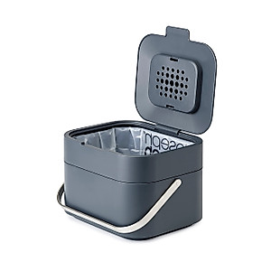 Joseph Joseph Stack 4 Liter/1 Gallon Food Waste Caddy with Odour Filter, Graphite & Joseph Joseph IW2 Biodegradable, Compostable Bags, Pack of 50 Food Waste Bin Liners (4 Liter), White