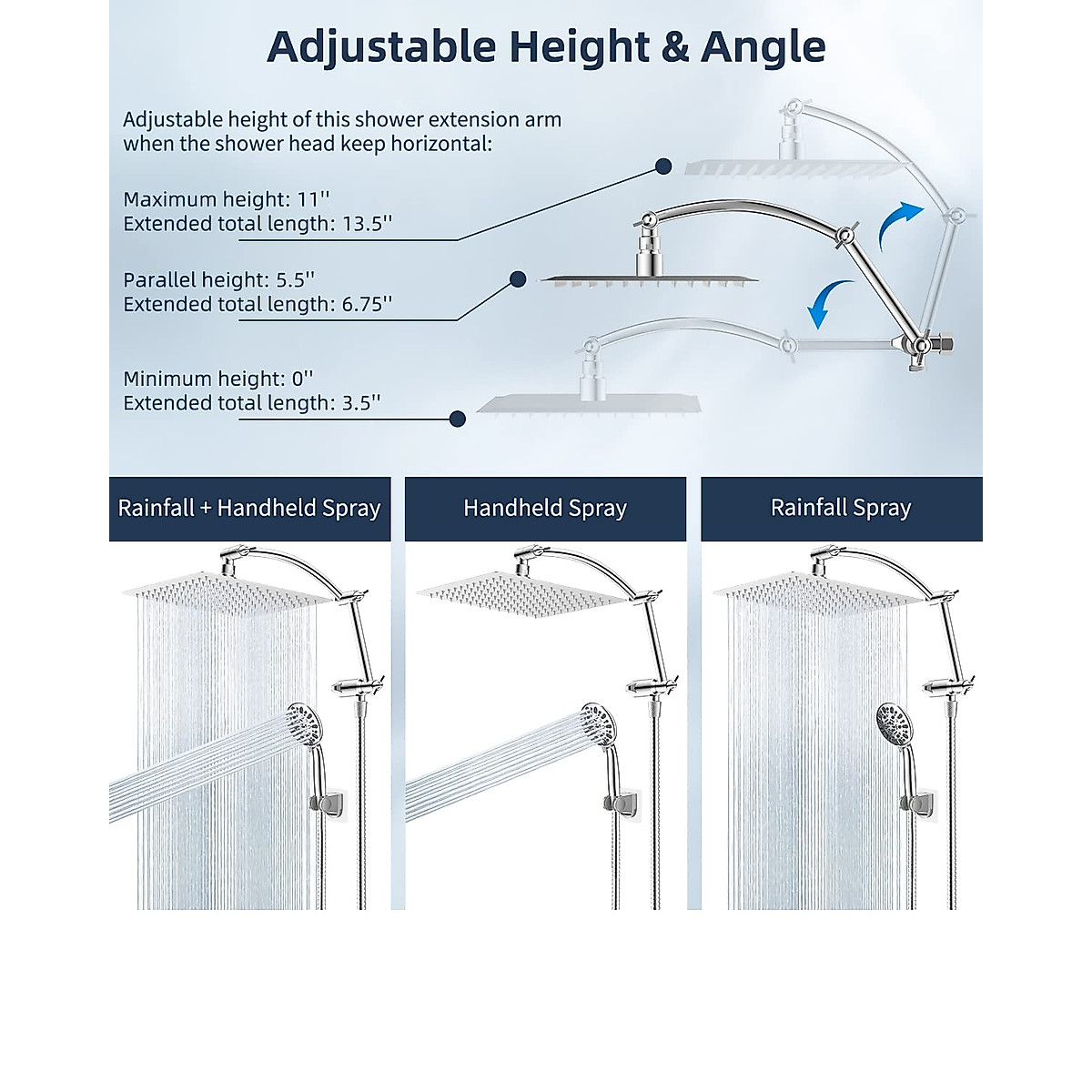 Hibbent All Metal Shower Head,10'' High Pressure Rain Shower Head/Handheld Showerhead Combo with 16'' Adjustable Arc-shaped Shower Extension Arm, 7-Spray, 71'' Hose Adhesive Showerhead Holder, Chrome