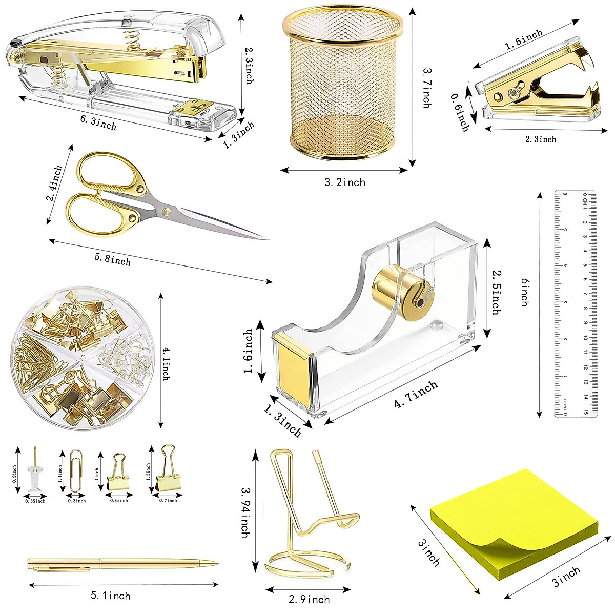Gold Desk Accessories, Acrylic Stapler, Staple Remover, Tape Holder, Pen Holder, Ballpoint Pen, Scissor, Binder Clips, Staples, Phone Holder, Ruler, Transparent Glue and Sticky Notes