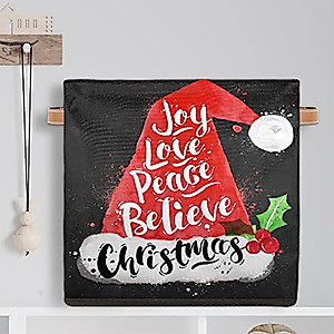 Large Collapsible Storage Bins,Christmas Hat Decorative Canvas Fabric Storage Boxes Organizer with Handles,Cube Square Baskets Bin for Home Shelves Closet Nursery Gifts