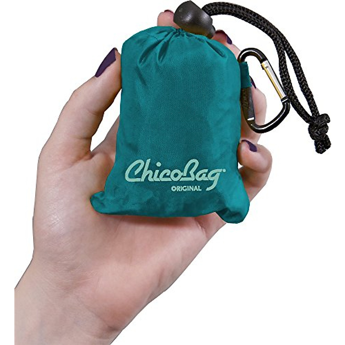 ChicoBag Original Compact Reusable Grocery Bag w/Attached Pouch and Carabiner Clip | Eco-Conscious Packable Tote | Variety 4pk - Mazarine, Aqua, Orange Peel, & Yellow (Pack of 4)