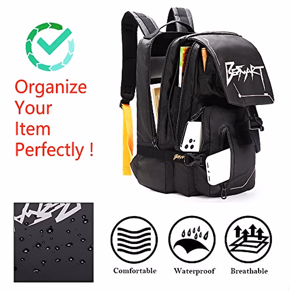 BE SMART Hiking Outdoor Travel Backpack with Cyberpunk Design, Water-Resistant Laptop Daypack Book Bag with Multi-Layer for Men & Woman （Black）