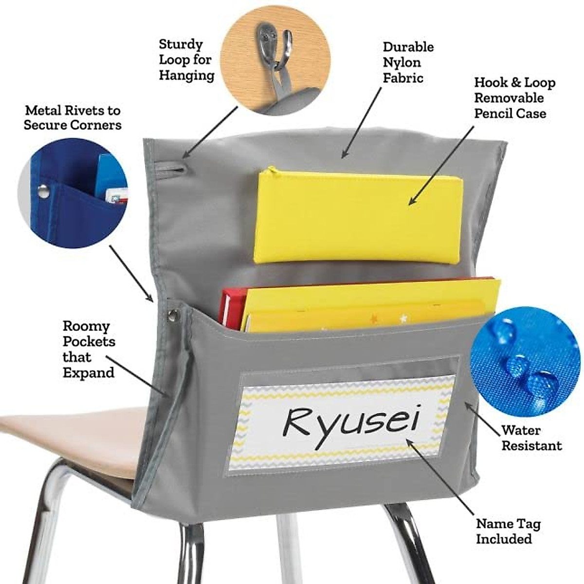 Really Good Stuff Deluxe Chair Pockets – Set of 36 – Classroom Chair Organizer with Pencil Pouch and Name Tag Keeps Students Organized and Classrooms Neat - Black