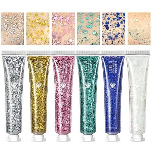 6 Colors Face Body Glitter Gel Set, Shimmer Chunky Glitters Cream for Eyes Hair Nails Makeup, Long Lasting Sparkling Mermaid Holographic Sequins Paste for Festival Art Party Halloween Makeup Gift Kit