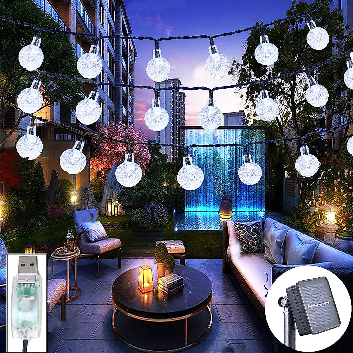 Sakruda Solar String Lights 60LEDS 37FT,Solar or USB Powered,Waterproof Crystal Balls with 8 Lighting Modes,Outdoor Garden Fairy Light for Patio Lawn,Home,Wedding Party,Christmas Decoration(White)