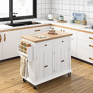 43“ Rolling Mobile Kitchen Island Cart on Wheels with Drawers, Storage Cabinet, Rubberwood Countertop and Spice/ Towel Rack, Adjustable Shelves, White