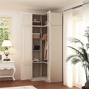 Homsee L-Shape Armoire Wardrobe Closet with Frosted Glass Doors, Hanging Bar & Shelves, Wooden Closet Storage Cabinet with Top Cabinet for Bedroom, Warm Grey (35.4”L x 35.4”W x 86.6”H)