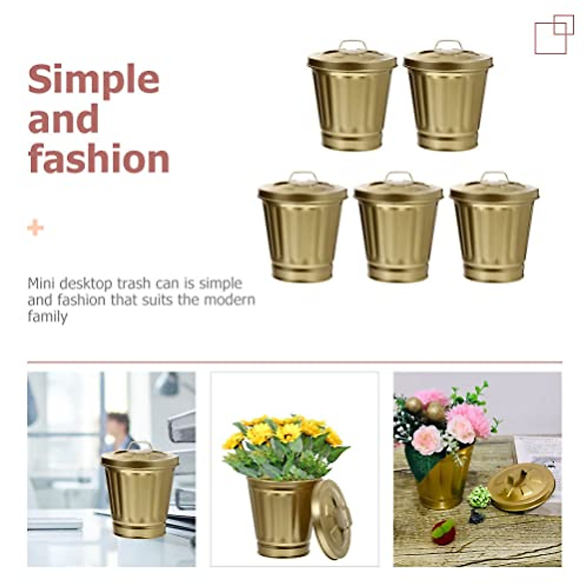 ERINGOGO Tiny Trash Bin Office Decor 5 Pack Mini Trash Cans with Lid, Small Iron Flower Pot with Lid, Mini Garbage Container for Garden Kitchen Bathroom Bedroom Office Car Decor