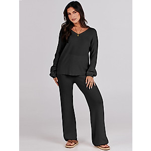 ANRABESS Women 2 Piece Outfits Sweater Lounge Sets Long Sleeve Cable Knit Pullover and Wide Leg Pants Tracksuit Matching Set Black Small