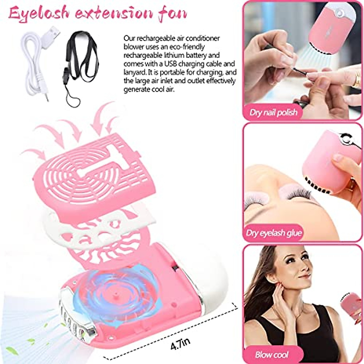 Qiveaory 150ml/5.07fl.oz Eyelash Extension Cleanser Extension Lash Shampoo Brush Mini USB Portable Lash Fan Mascara Brush Disposable Microbrush Wash Bottle Reusable Makeup Remover Pad Gentle Cleaning