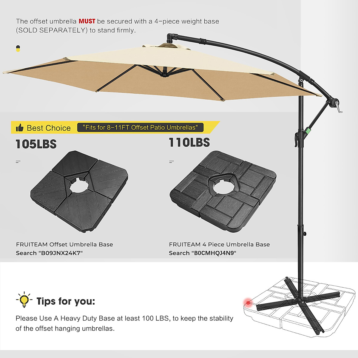 FRUITEAM 10FT Offset Hanging Patio Umbrella, Outdoor Market Cantilever Umbrella w/Easy Tilt Adjustment, with Crank & Cross Bar, Shade 95% UV Protection for Backyard, Poolside, Lawn and Garden