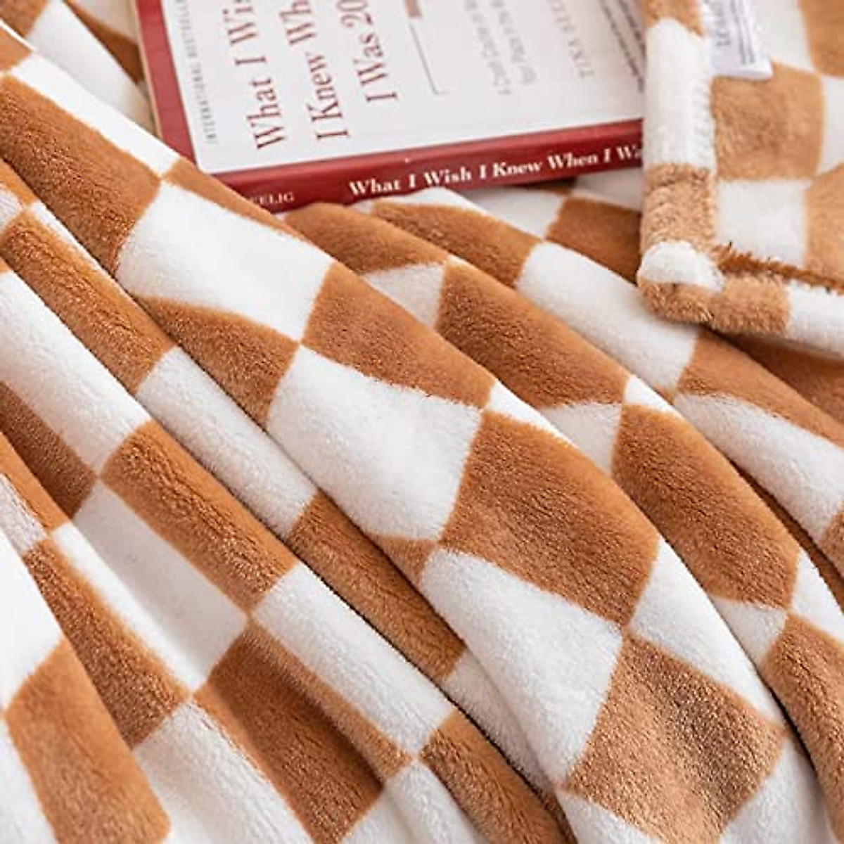 Checkerboard Throw Blankets Luxurious Plaid Flannel Blanket - Super Soft and Warm 100% Polyester Throw for Sofa, Couch, Bed, Car, and Airplane - Elegant Gift Ribbon Included (Khaki,60"x50")