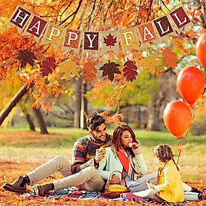 AnyDesign 2Pcs Fall Banner Glitter Maple Leaf Paper Banner Happy Fall Burlap Banner Pre-Assembled Rustic Bunting Garland Hanging Decorations for Autumn Thanksgiving Party Decoration Supplies