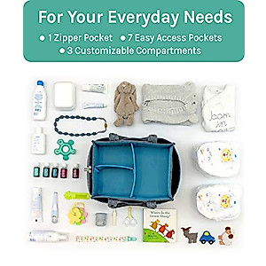 Premium Baby Diaper Caddy Organizer | Portable Nursery Storage Bin | Planner Caddy | Portable Craft Storage Organizer | Car Seat Tote with Zipper Pocket & 5mm Heavy Duty Felt (Grey/Turquoise)