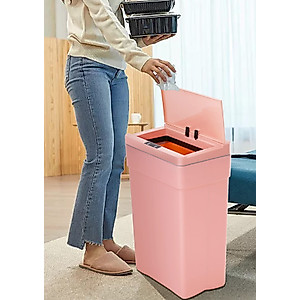 Trash Can 13 Gallon Plastic Automatic Trash Can with Lid for Bedroom Bathroom Home Office Garbage Can Trash Bin Touchless Trash Can Sensor Trash Can Electric Trash Can 50 Liter，Pink