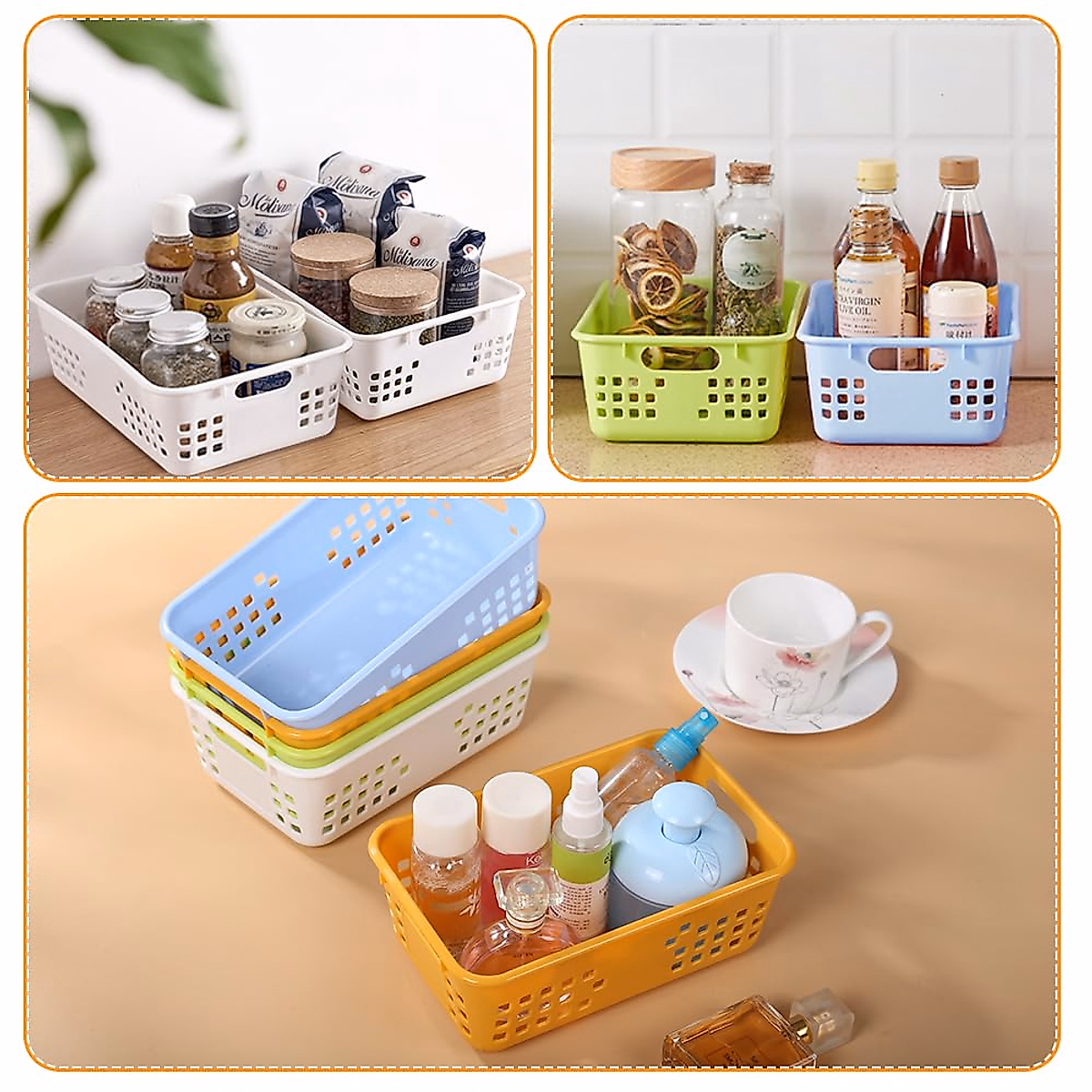 NDSWKR 12 Pack Small Plastic Storage Baskets, 8.5 x 5.5 x 3 Inch Colorful Classroom Organizer Basket for Kitchen Office Shelves Bathroom Cabinet