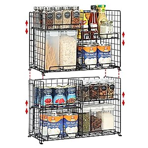 Stackable Wire Basket for Kitchen & Pantry, 4 Tier Countertop & Cabinet Spice Rack with Adjustable Dividers, Metal Spice Organizer Storage Basket for Spice Canned Snack Black