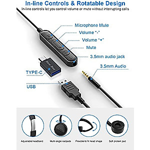 New bee USB Headset Computer Headset in-Line Call Controls Office Headset with Noise Cancelling Micphone Call Center Headset for Skype, Zoom, Laptop, Phone, PC, Tablet, Home with USB-C Adapter