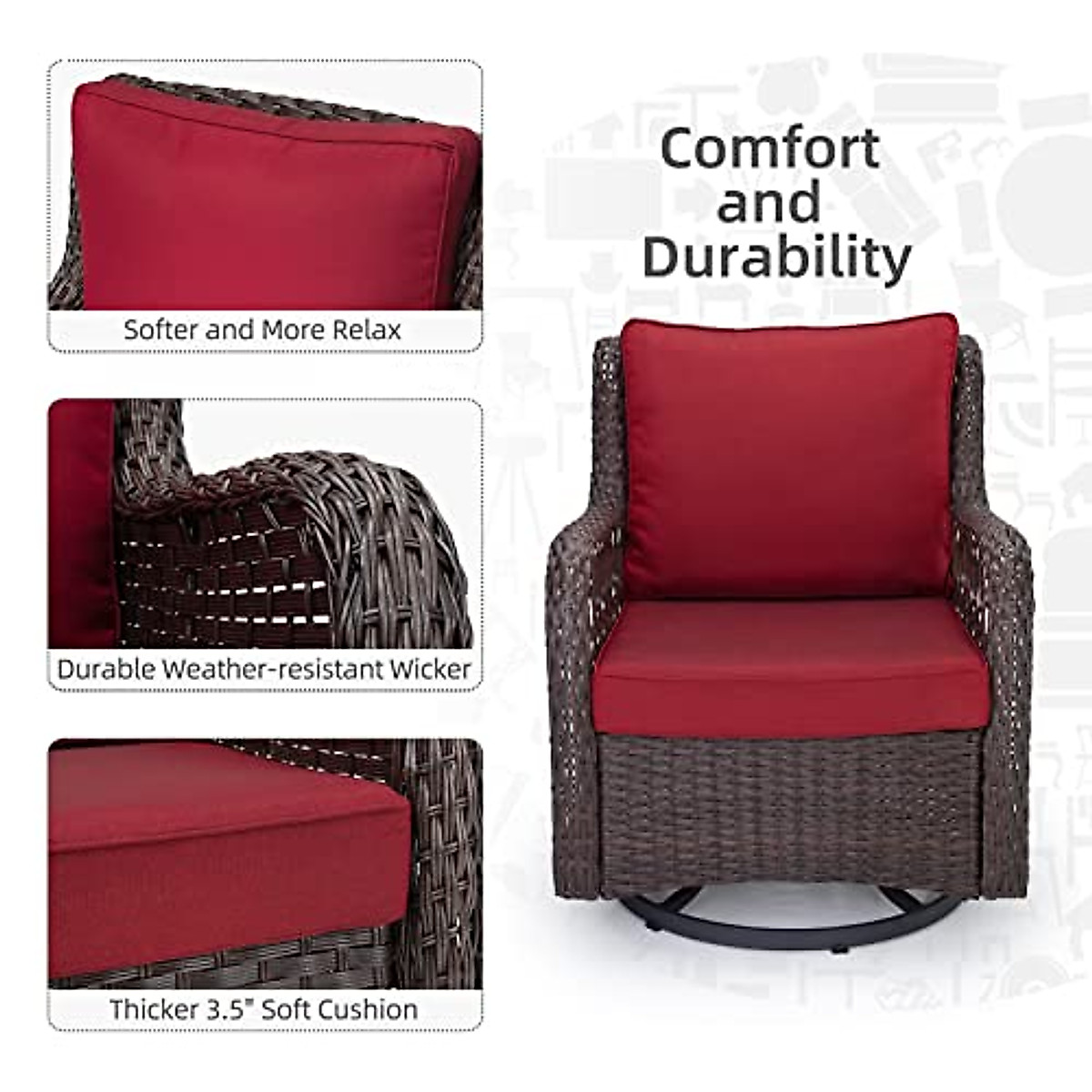 coucheta Indoor Wicker Swivel Rocking Chair Sets with End Table, Leisure Patio Furniture Set for Living Room, Balcony, Garden and Patio (A, Rust)
