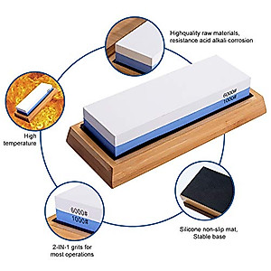 MIDO PROFESSIONAL ABRASIVE Whetstone Knife Sharpener 2 Side Grit 1000/6000 Knife Sharpening Stone, Knife Sharpener Stone with Non-slip Bamboo Base, Wet Stone Sharpening Kit for Kitchen Hunting