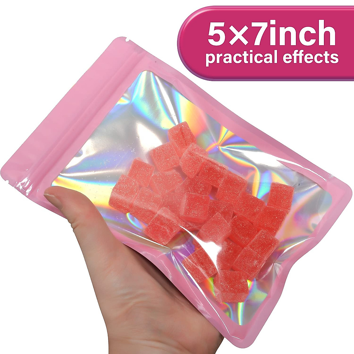 EONJOE 100-pack 5×7 inch mylar bags with clear window holographic resealable sealable packaging zip bag for small bussiness jewelry candy sample food packing supplies （Pink）