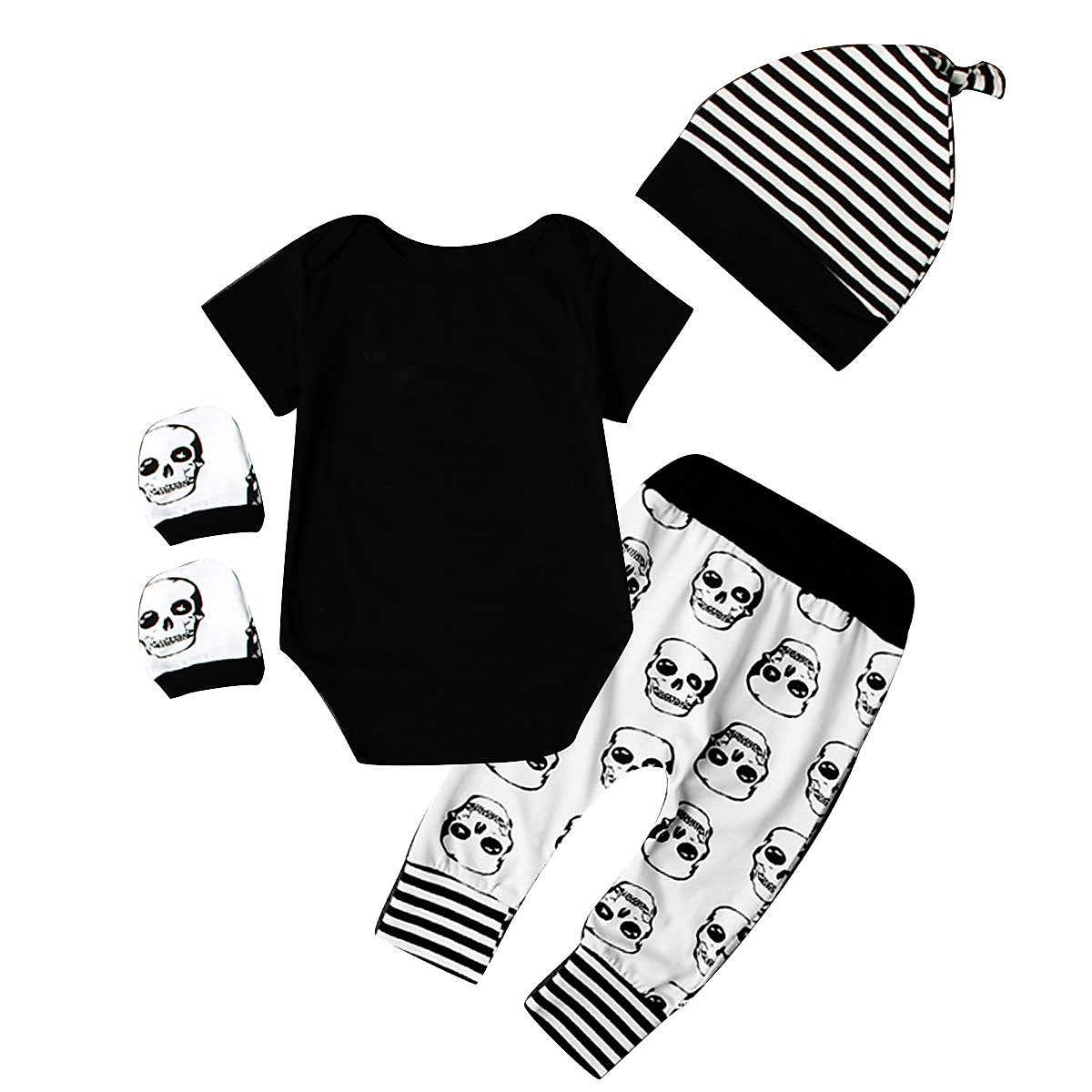puseky 4pcs Newborn Baby Boys Girls Skull Romper+Pants+Hat+Mitten Halloween Outfit Set (0-6 Months, Black+White)
