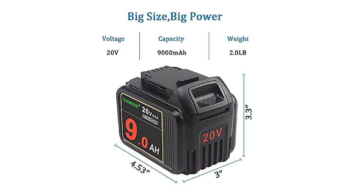 TENMOER 2-Pack 9.0Ah DCB200 Battery for Dewalt 20V Tools