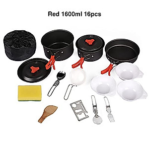 REDCAMP 16 PCS Camping Cookware Mess Kit, Backpacking Cooking Set for 3-4 Persons, Anodized Aluminum, Compact Lightweight Camping Pots and Pans Set