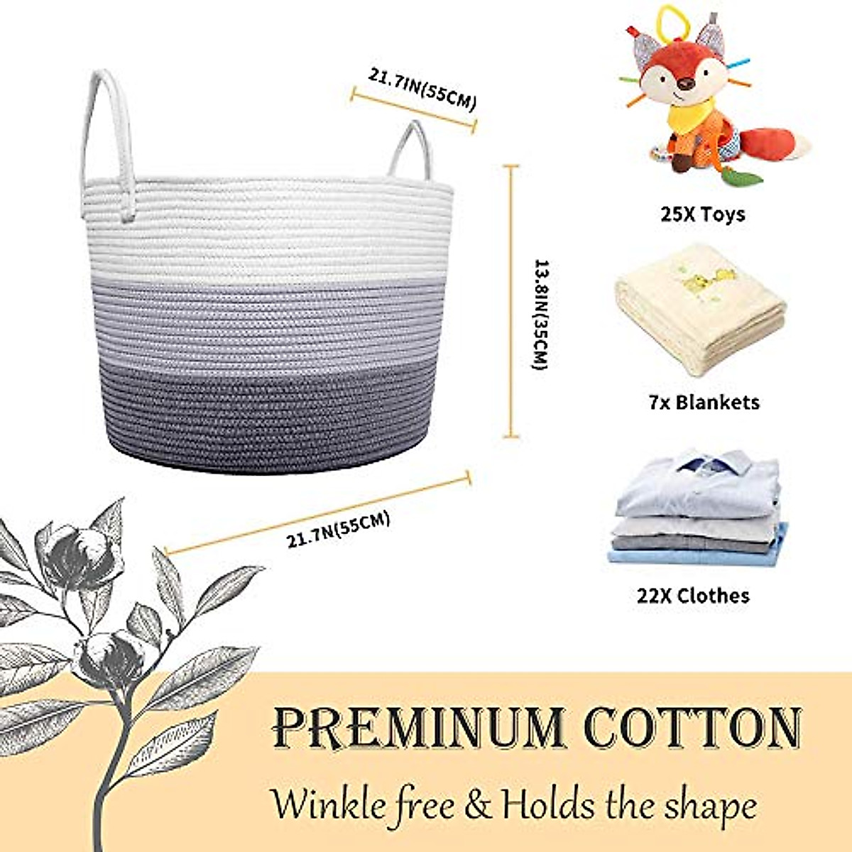 UFREE Extra Large Cotton Rope Basket XXXLarge, Wide 21.7'13.8' Decorative Laundry Hamper Basket Tall Blanket Storage Basket for Living Room Large Blanket Basket