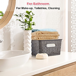 AREYZIN Plastic Storage Baskets With Lid Organizing Container Lidded Knit Storage Organizer Bins for Shelves Drawers Desktop Closet Playroom Classroom Office, 6 Pack