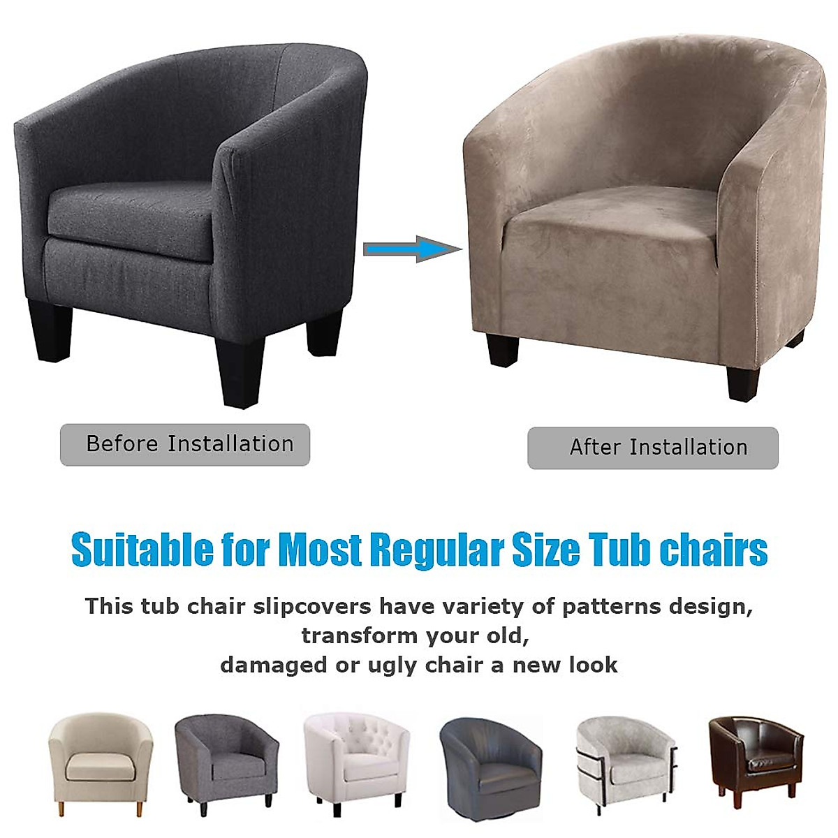 GULI Velvet Tub Chair Covers for Armchairs, Club Chair Slipcover, Wing Back Covers High Stretch Sofa Covers Spandex Plush Seat Covers Furniture Protector Removable Washable for Living Room (Khaki)