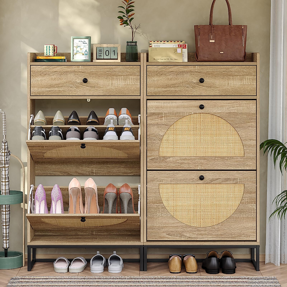 furomate Shoe Rack Storage Organizer with 2 Natural Semi-Circular Rattan Doors and Drawer Space, Entryway Shoe Cabinet for Sneakers, Leather Shoes, High Heels, Slippers Entryway Furniture
