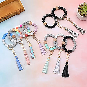 BAOSIWA Women Silicone Keychain Bracelet Beaded Wristlet Key Ring Black Bangle Chains with Leather Tassel