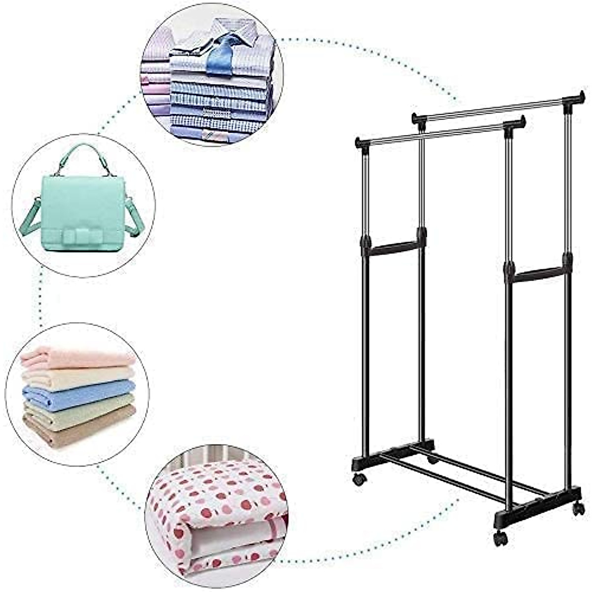 Double Pole Portable Clothing Hanging Garment Rack Laundry Drying Hanger with Wheels (Double Pole) Pole Telescopic Clothes | Fordable Single and Stand for Indoor Outdoor.