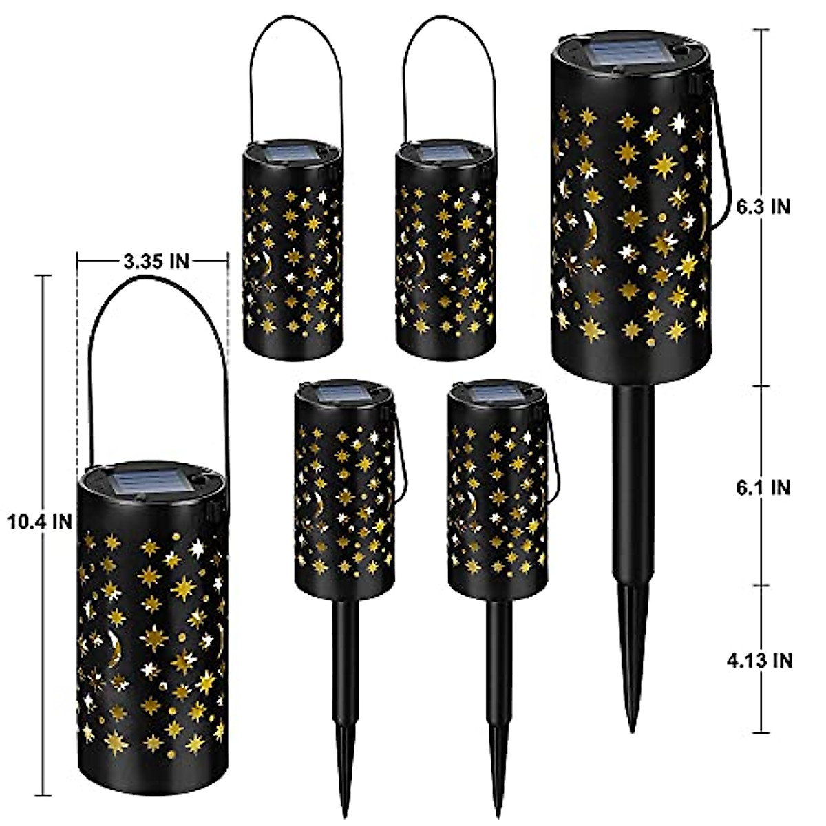 GIGALUMI 6 Pack Solar Lights Outdoor Hanging Lanterns, Metal Star Moon Lantern Lights Decorative with Stakes, Patio Decor Lanterns Outdoor Waterproof for Garden, Yard, Tree, Pathways (Warm White)