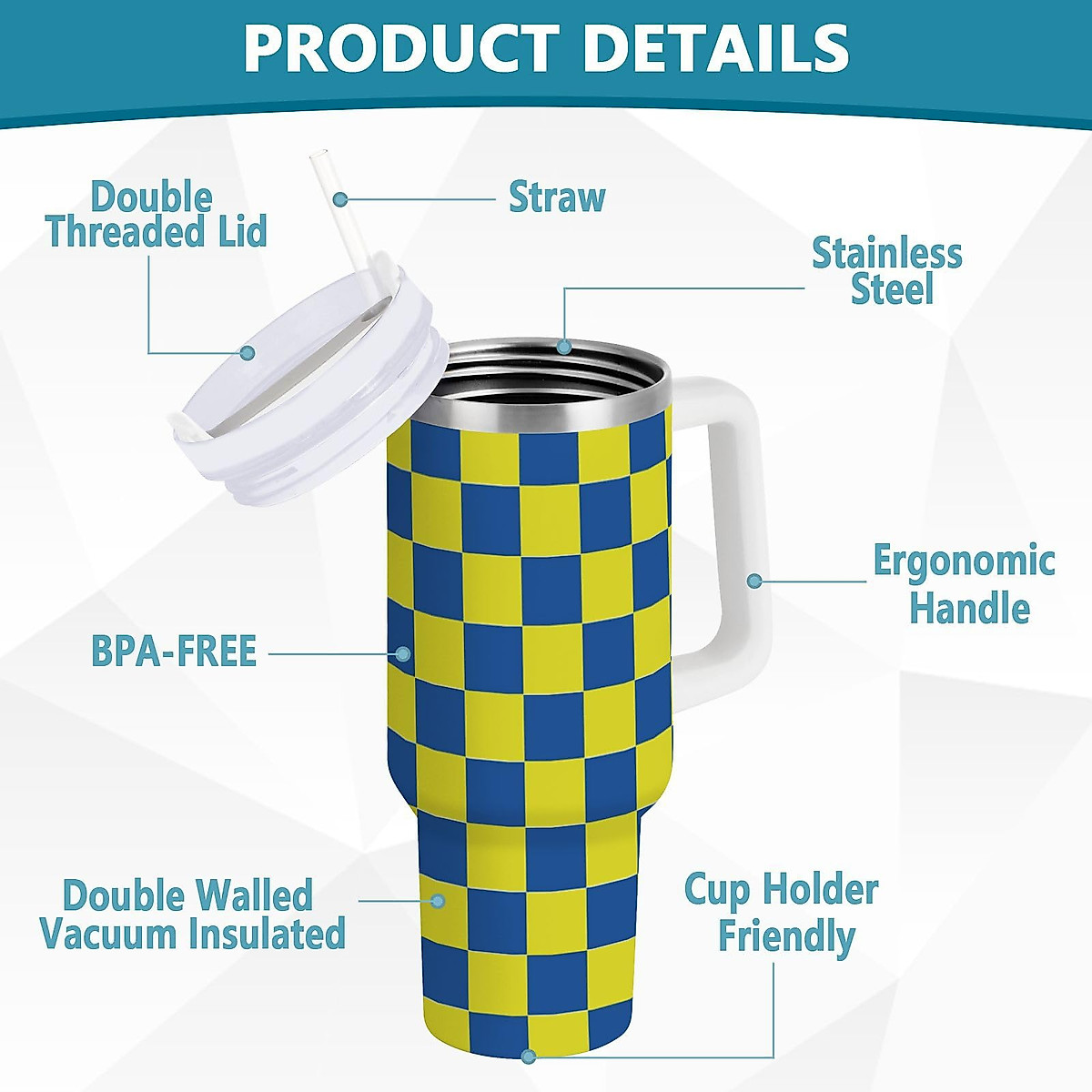 Yellow Blue Checkered 40 oz Tumbler with Handle and Straw Lid, Insulated Coffee Cup Reusable Stainless Steel Water Bottle Travel Mug Cupholder Friendly,Gifts for Women Men