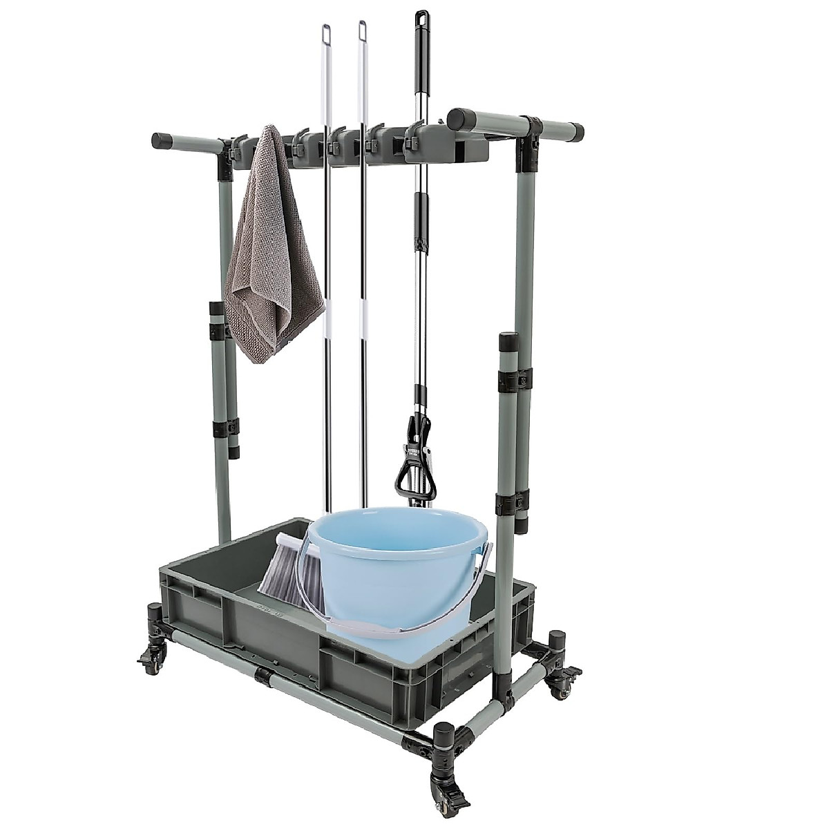 Movable Mop Broom Holder, Floor Mounted Cleaning Tool Cart with Wheels, 10 Slots with Hooks, Height Adjustable Cleaning Supplies Organizer Janitor Carts, Housekeeping Station Storage Tools