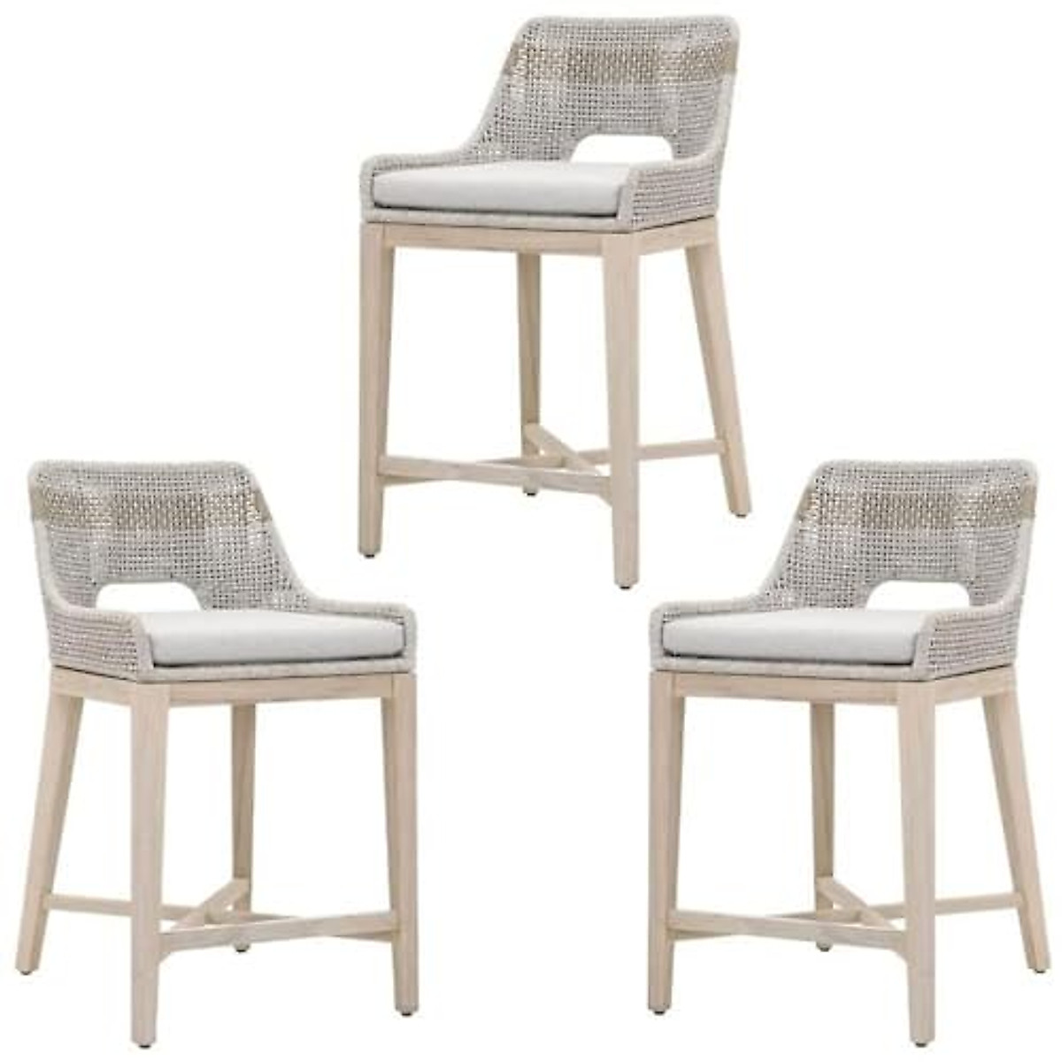 Home Square 3 Piece Upholstered Patio Counter Stool Set in Taupe and White