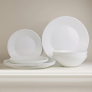 Blueniya 12 Piece White Opal Dinnerware Set, Opal Dinner Set, Kitchen Non-Toxic, Scratch & Chip Resistant, Microwave, Dishwasher Safe - 4pc Dinner Plate, 4pc Salad Plate, 4pc Cereal Bowl