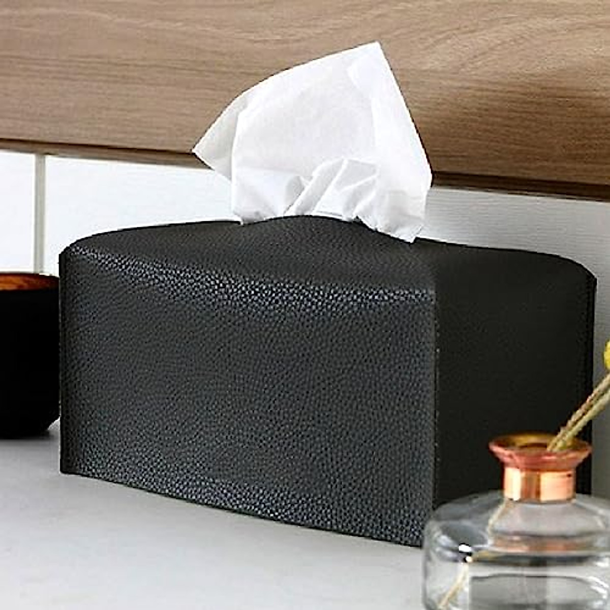 Large Tissue Box Cover, 2Pcs PU Leather Rectangle Tissue Organizer, Modern Tissue Holder for Bathroom/Car/Office/Night Stands Decor (Black)