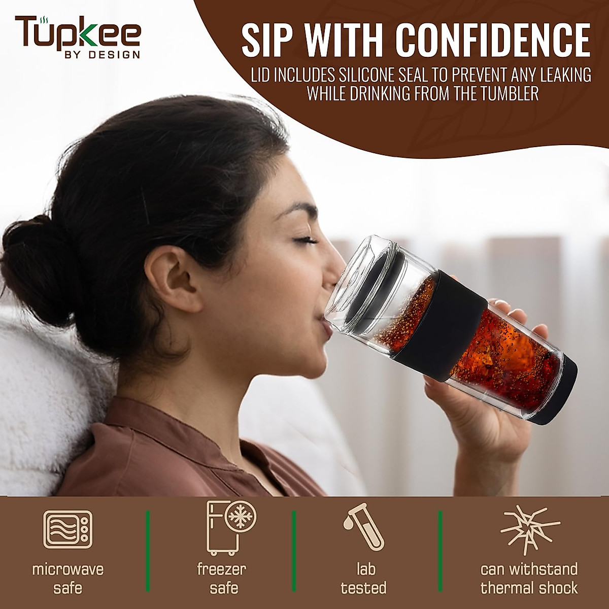 Tupkee Glass Sip Lid Black - Replacement for Tupkee Double Wall Glass Tumbler, 14oz & 8oz Hand Blown Glass Travel Mug